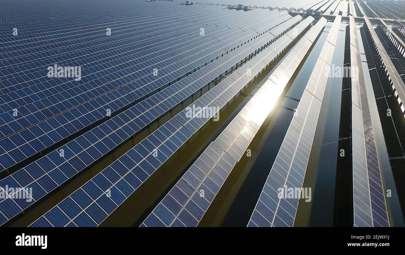 An aerial view of a photovoltaic power station, which is able to ...