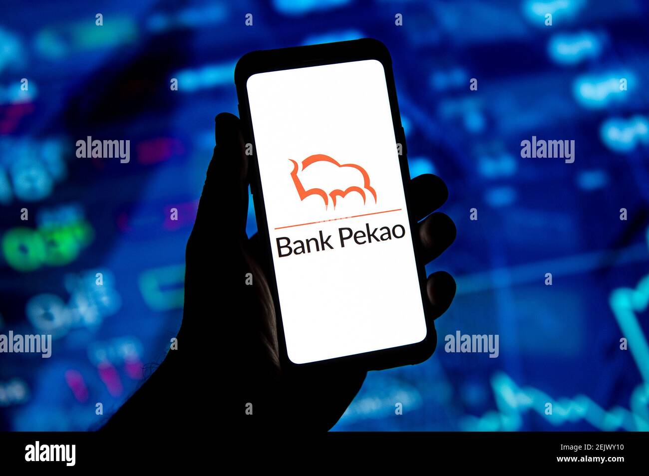 In this photo illustration a Bank Pekao logo seen displayed on a ...