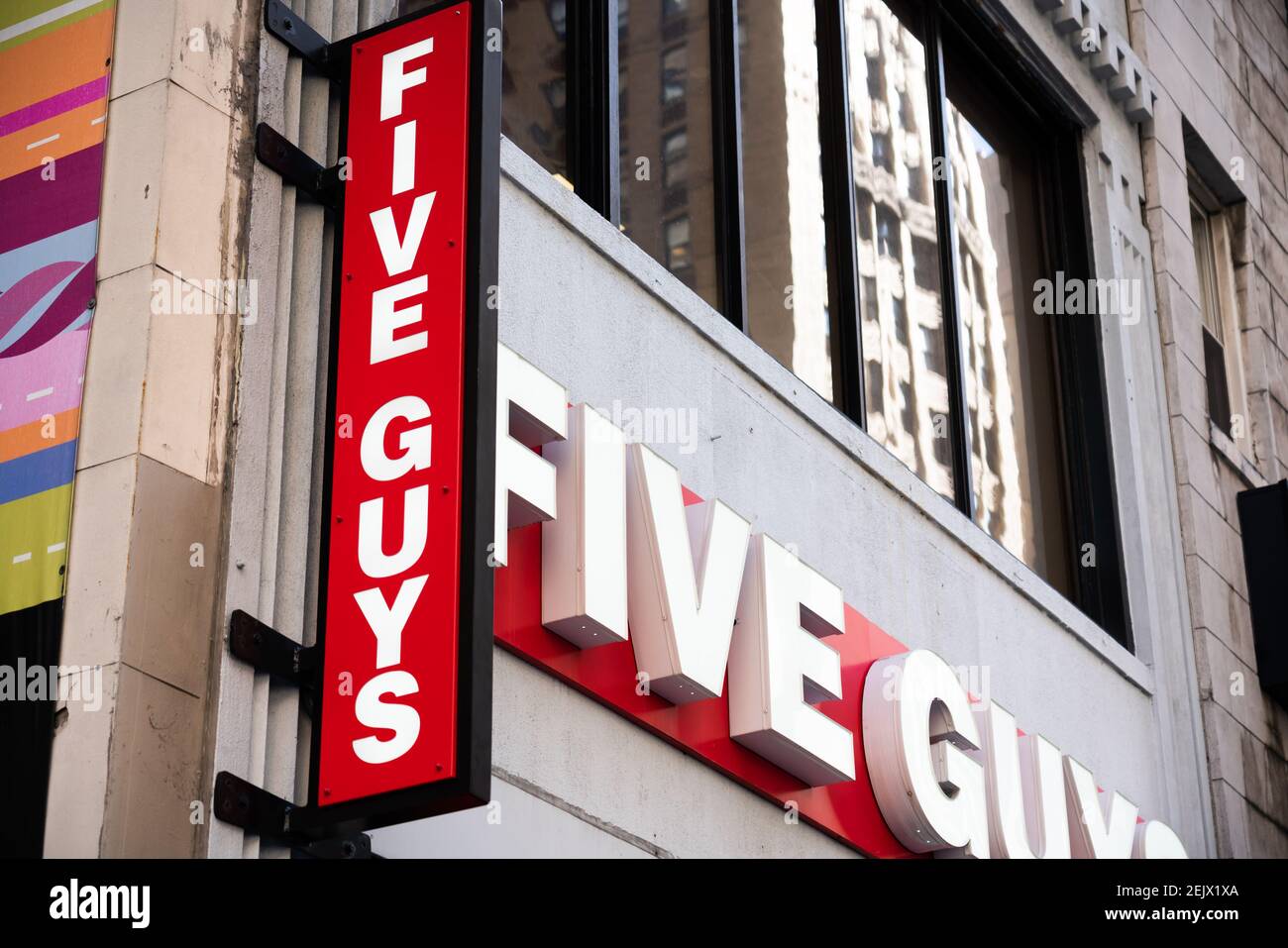American fast casual restaurant chain, Five Guys logo seen in New York ...
