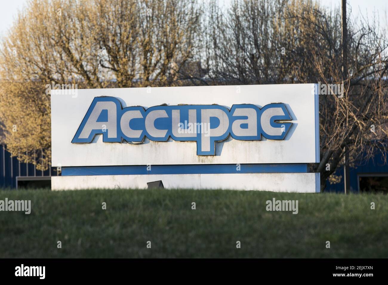 A logo sign outside of a facility occupied by Accupac in Mainland, Pennsylvania, on March 23 ...