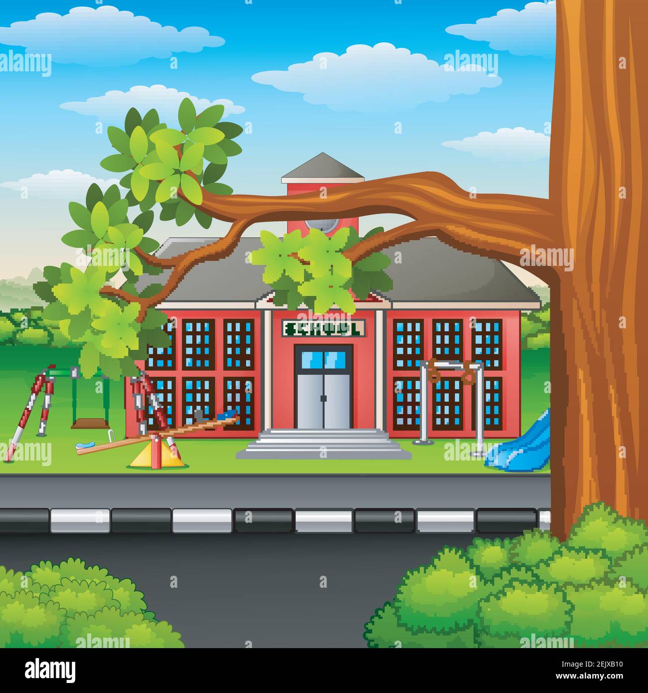 Vector illustration of Scene school building and tree branch Stock ...