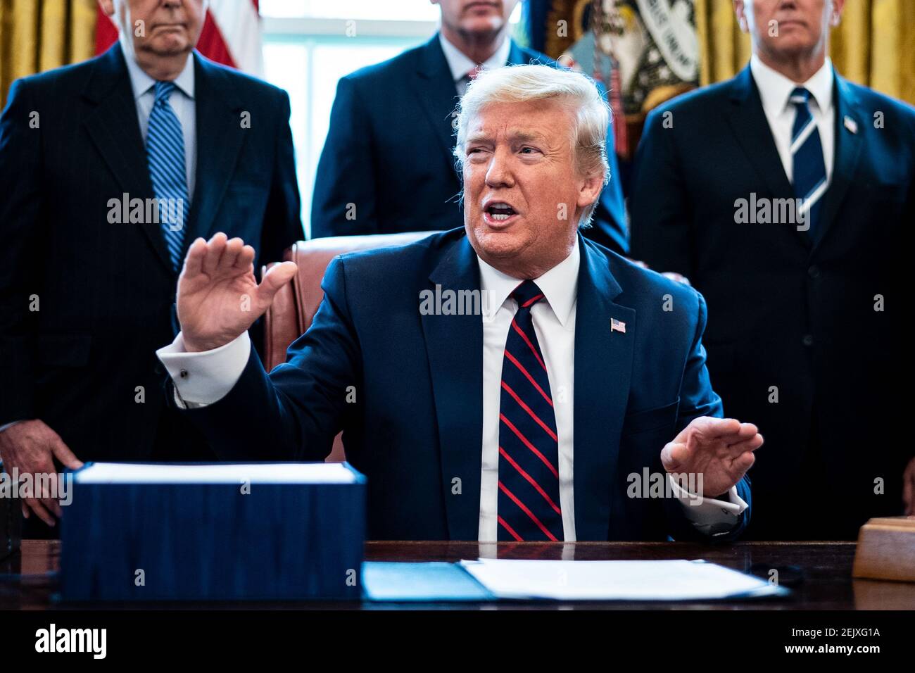 President Donald Trump participates in a signing ceremony for a two ...