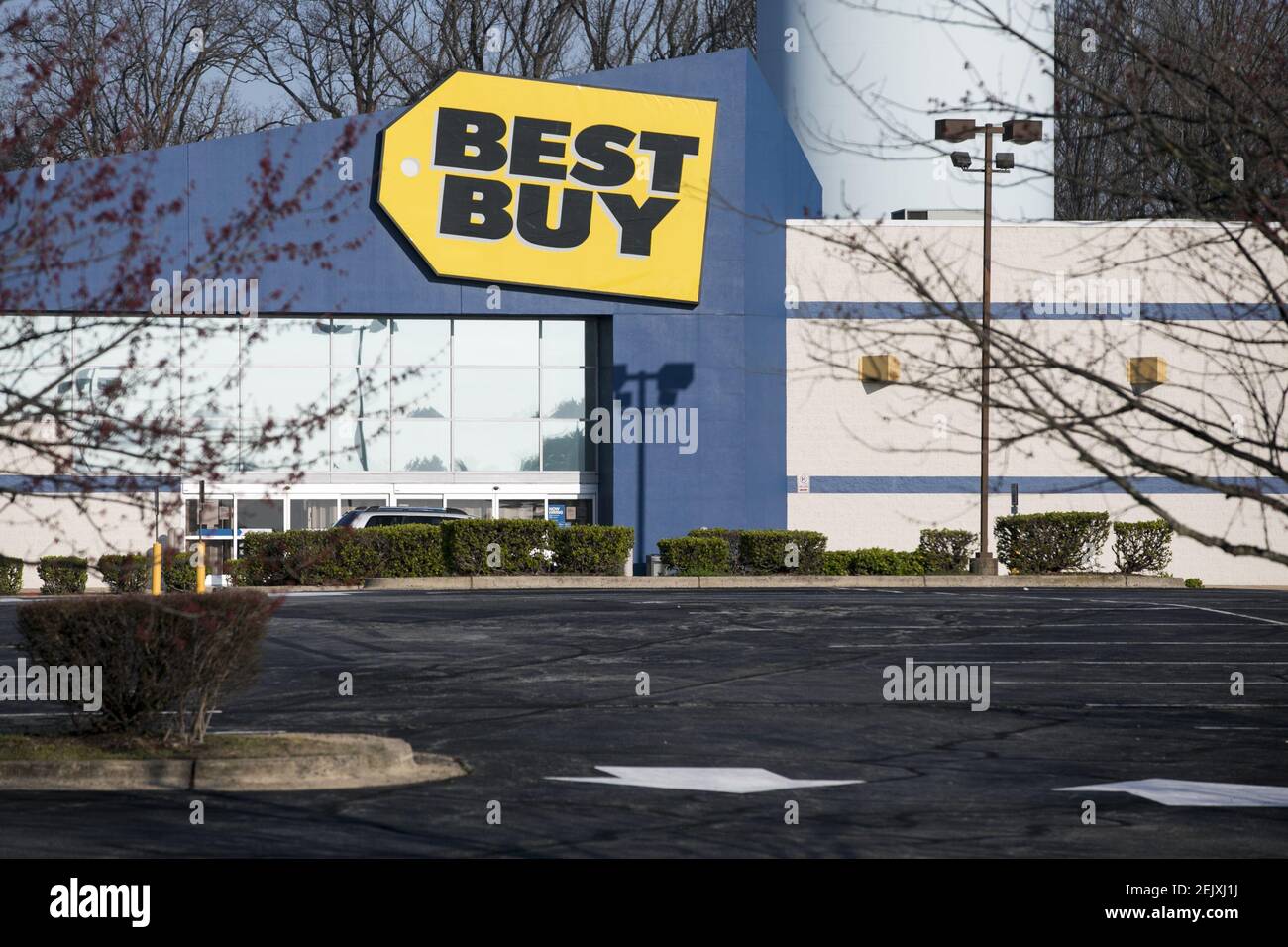A logo sign outside of a Best Buy retail store location in Bel Air ...