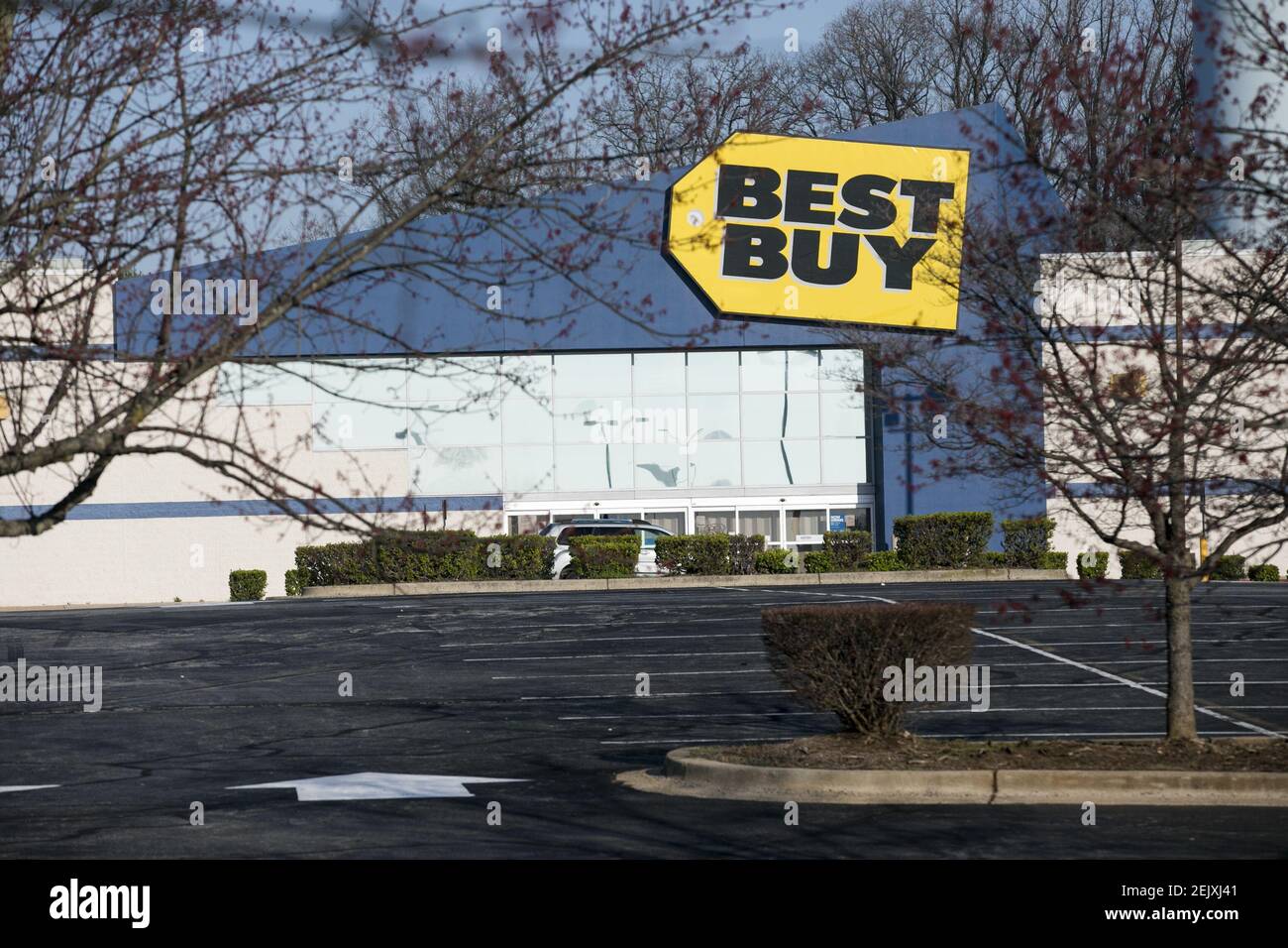 A logo sign outside of a Best Buy retail store location in Bel Air ...