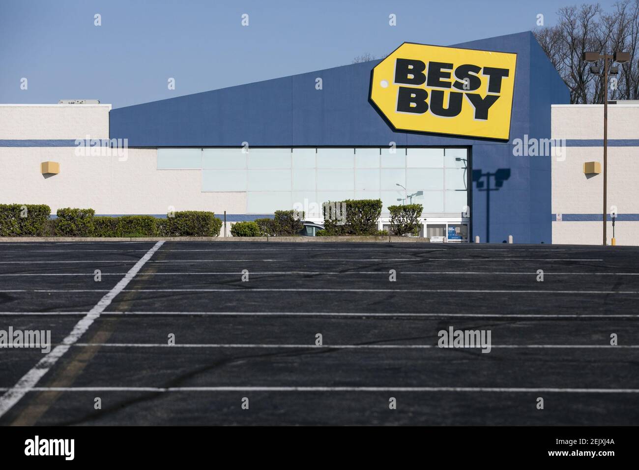 A logo sign outside of a Best Buy retail store location in Bel Air ...