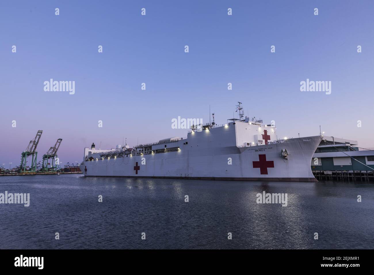 The USNS Hospital Ship Mercy is docked at the Port of Los Angeles and ...