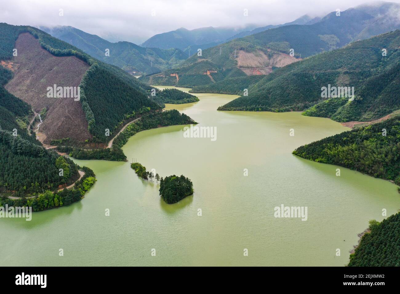 An aerial view of the higher end of the reservoir in Quanzhou county ...