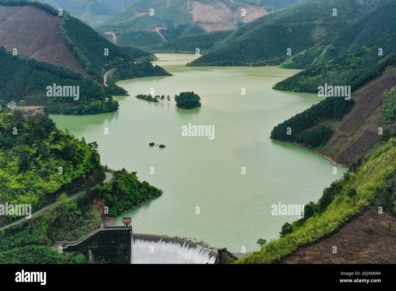 An aerial view of the higher end of the reservoir in Quanzhou county ...