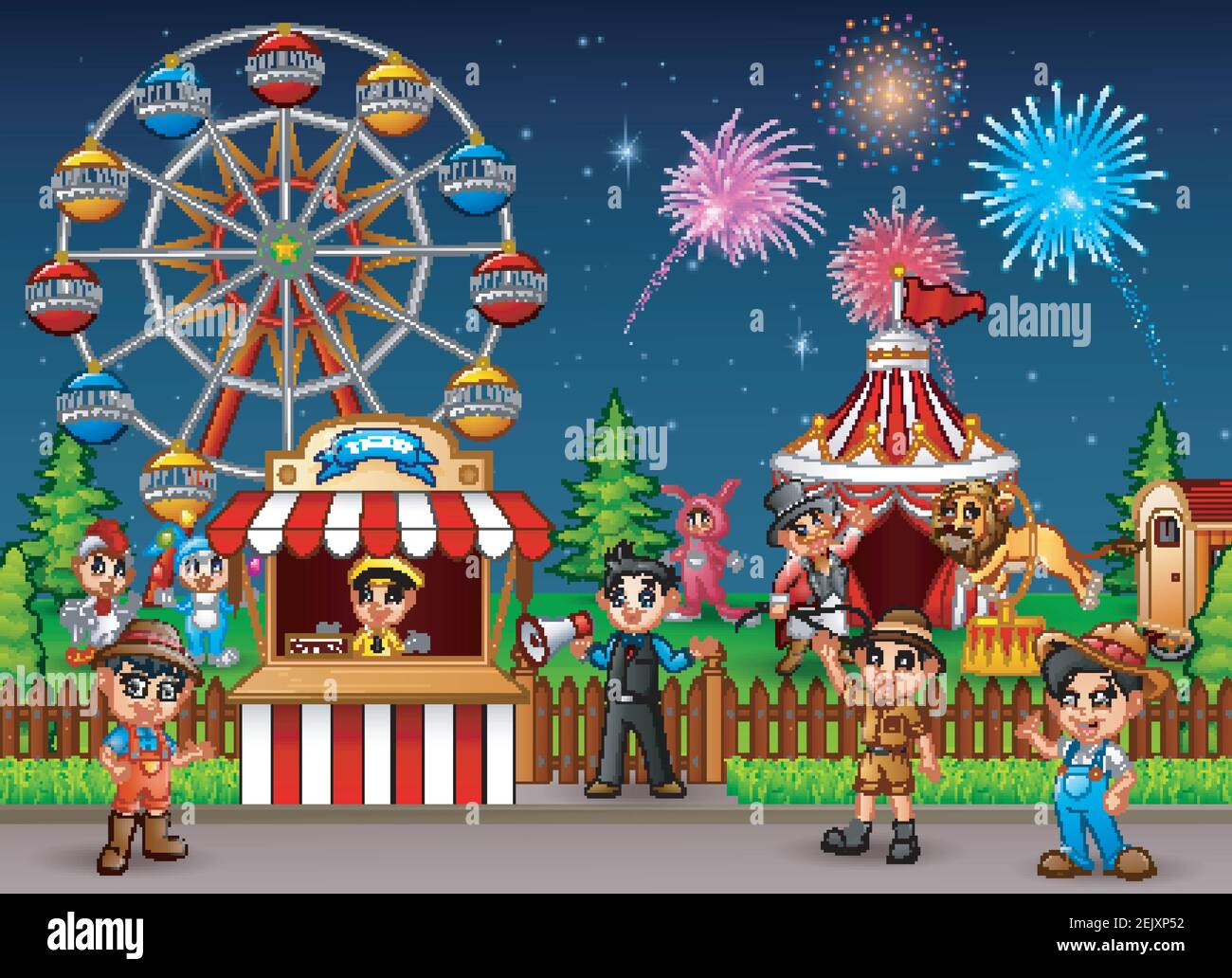 Vector illustration of People worker in the amusement park at night ...