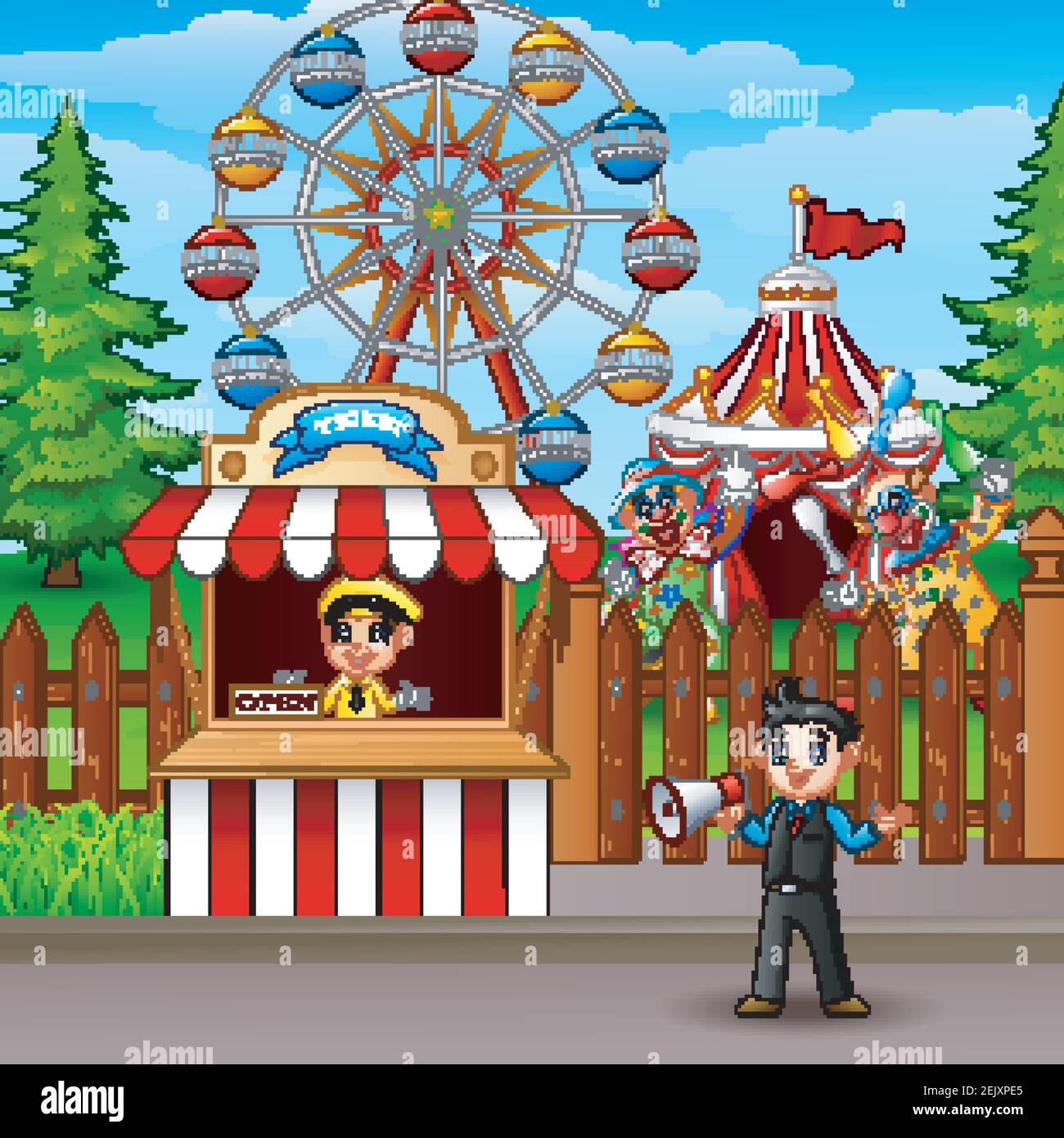 Vector illustration of People working at the amusement park Stock ...