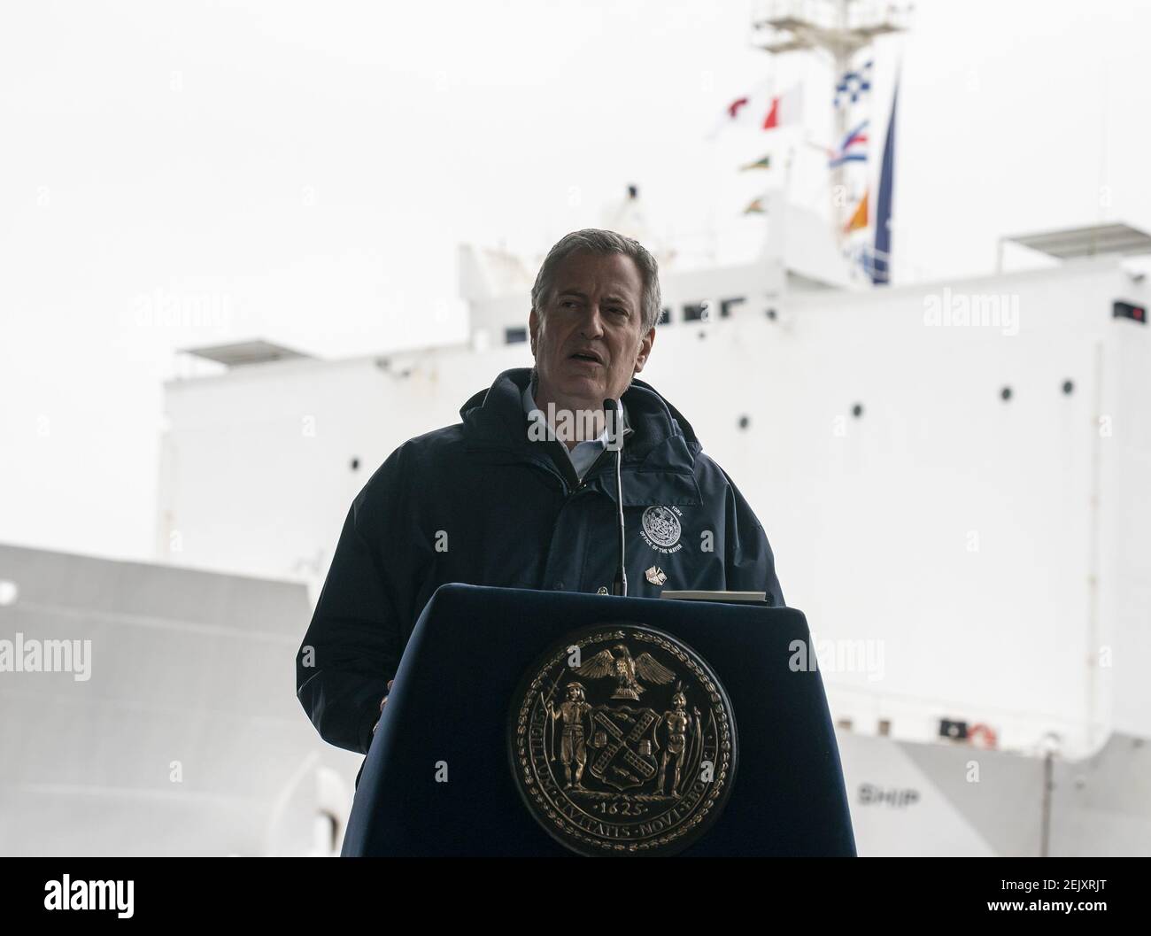 Mayor Bill de Blasio addresses media on arrival of USNS Comfort Navy ...