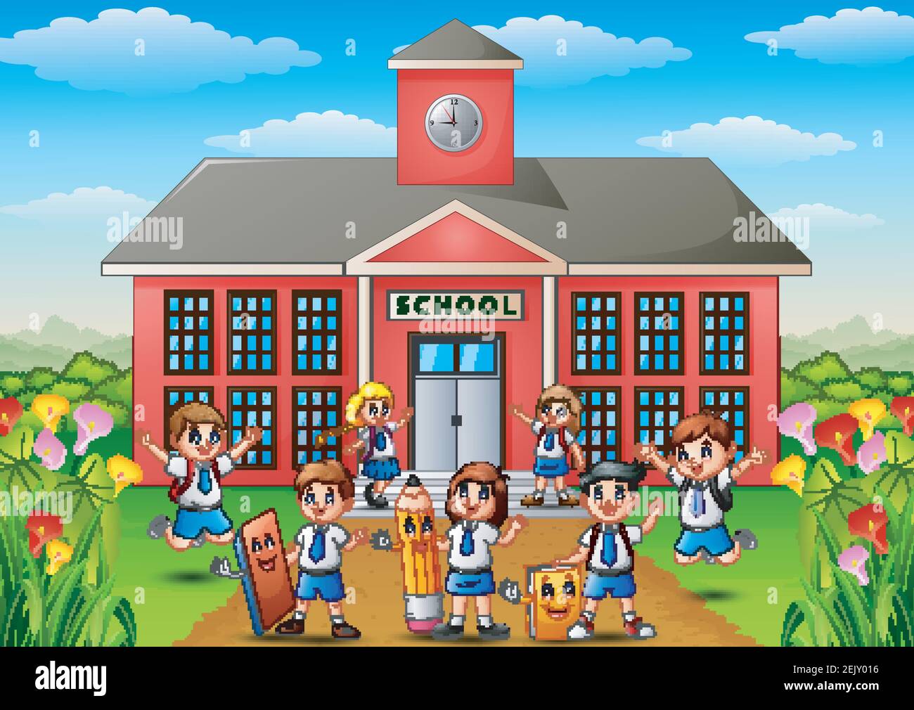 Many school children in front of school building Stock Vector Image ...