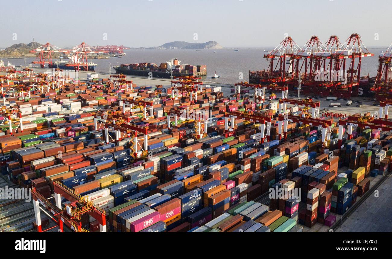 An aerial view of containers piled up at Yangshan Port, a deep water ...