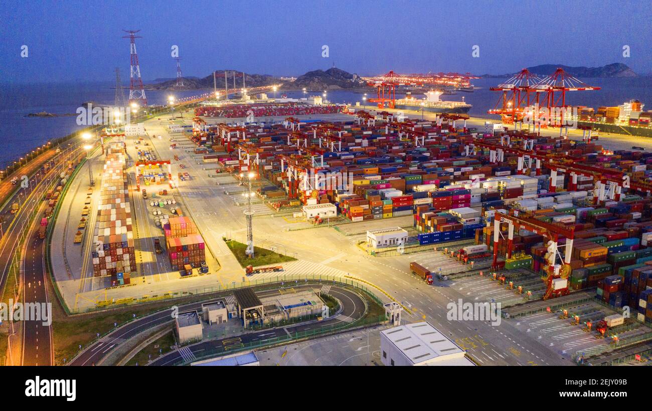 An aerial view of containers piled up at Yangshan Port, a deep water ...