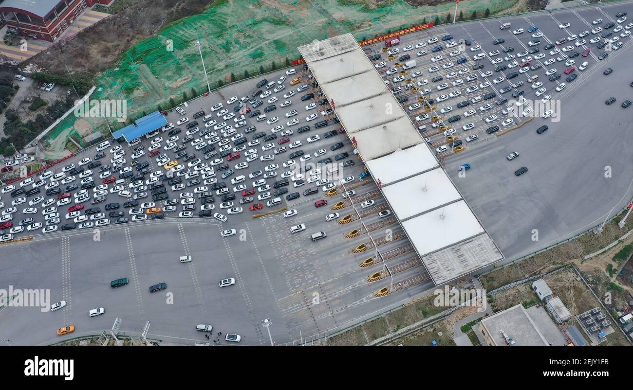 An aerial view of traffic jam on an exit of the expressway during ...