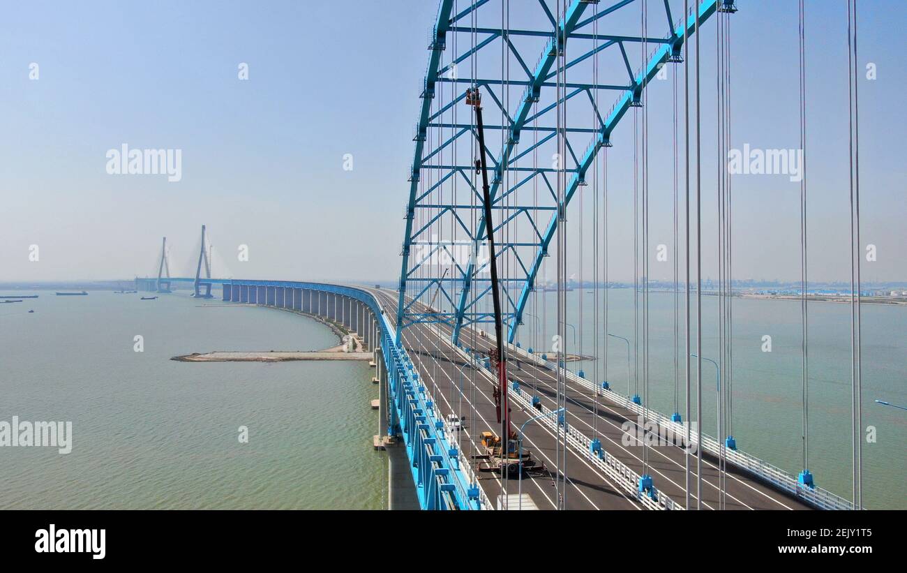 The largest cable-stayed road-rail bridge, Tiansheng Harbor Bridge, a ...