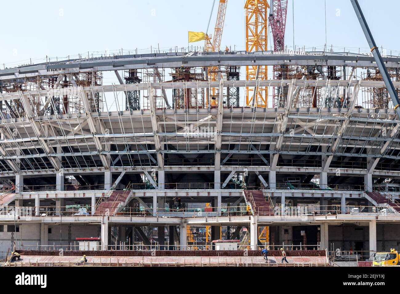 Workers are busy at constructing the Pudong Football Stadium, which ...