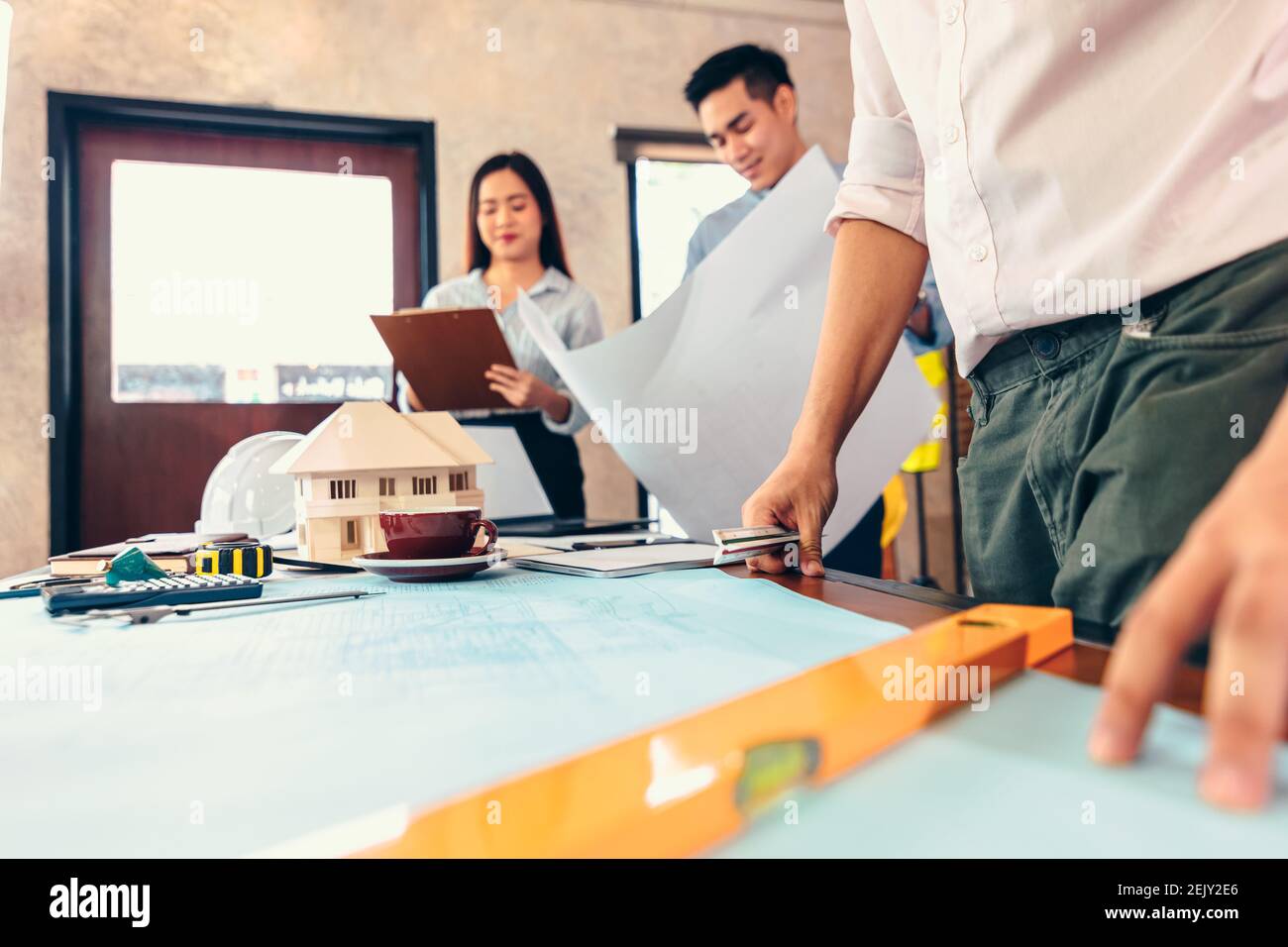 industry manager, engineer, businessman reading and checking blueprint ...