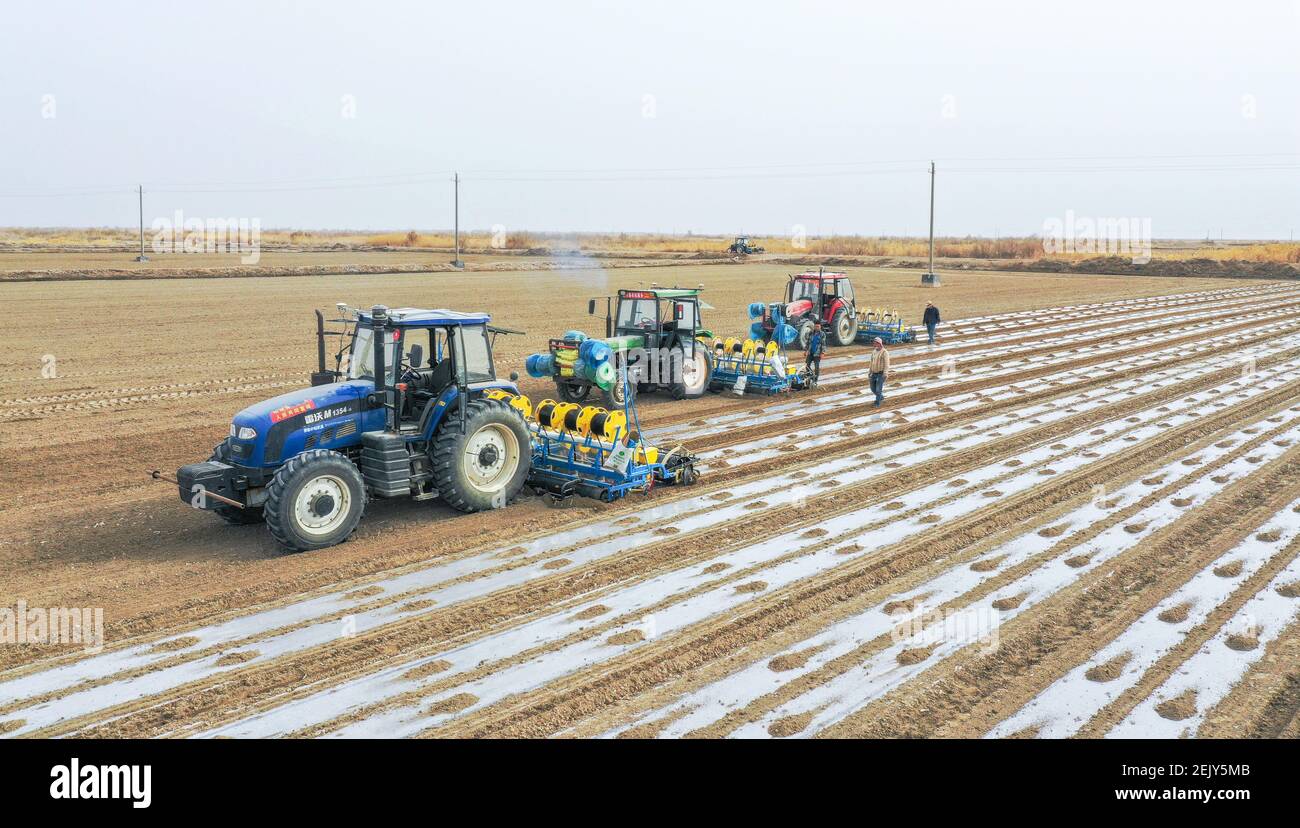 An aerial view of three unmanned GPS-guided agricultural machines ...