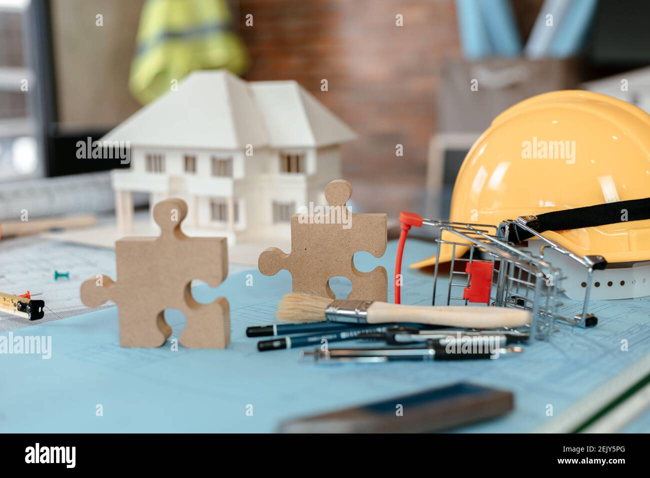 Jigsaw and Tool of engineer, architecture for drawing and planing on ...