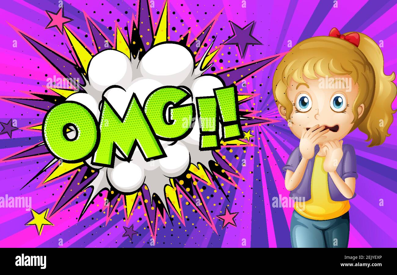 OMG word on explosion background with girl cartoon character ...