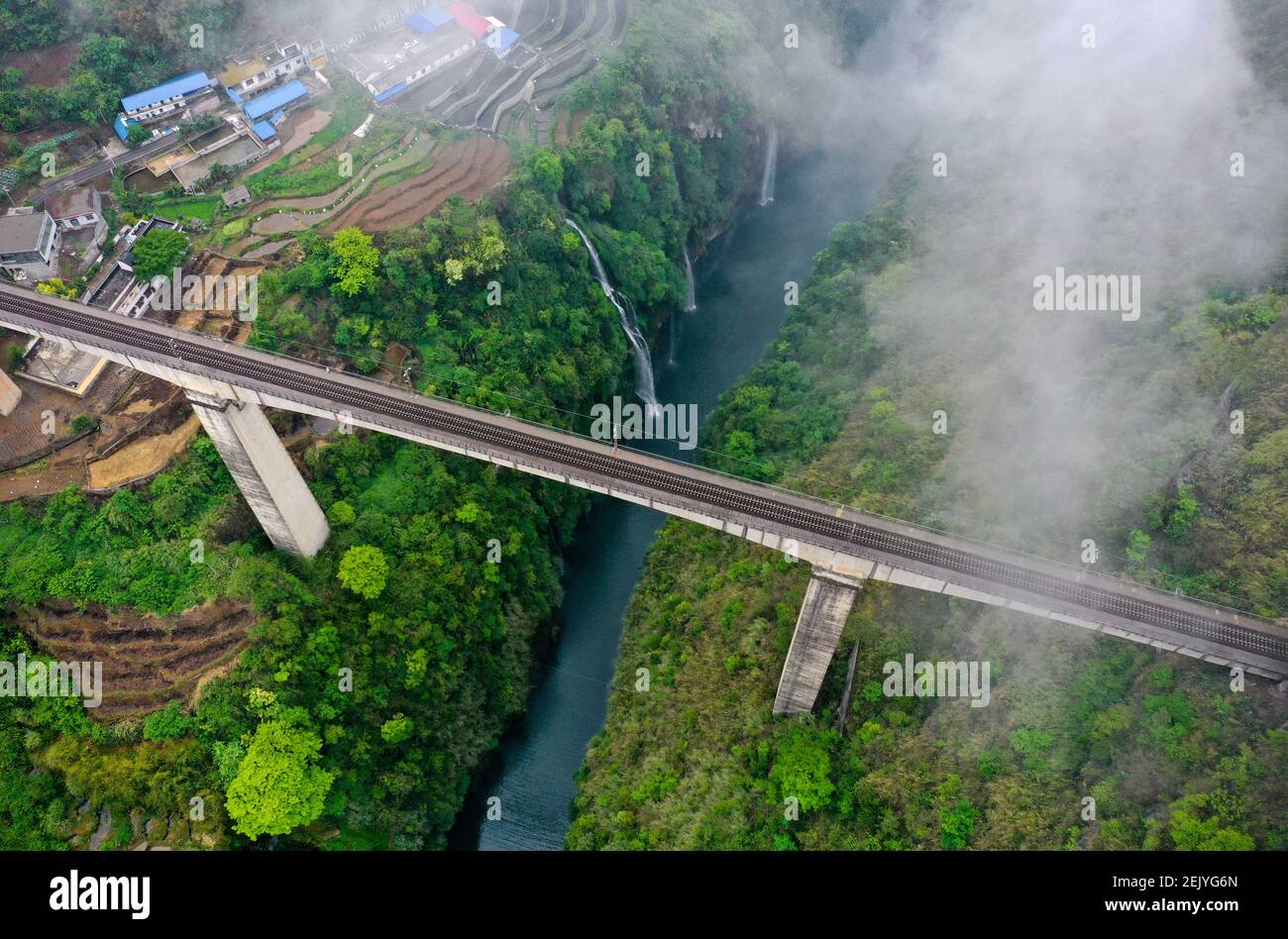 Aerial photo shows the Qingshui River suspension bridge along Nankun ...