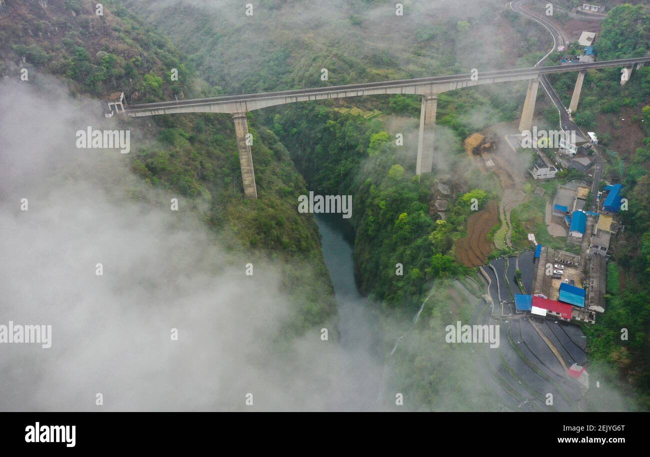 Aerial photo shows the Qingshui River suspension bridge along Nankun ...