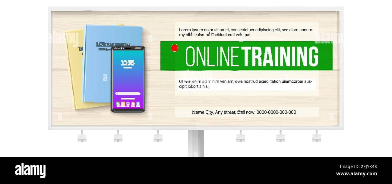 Online trainings. Billboard with smartphone and books on table. Concept ...