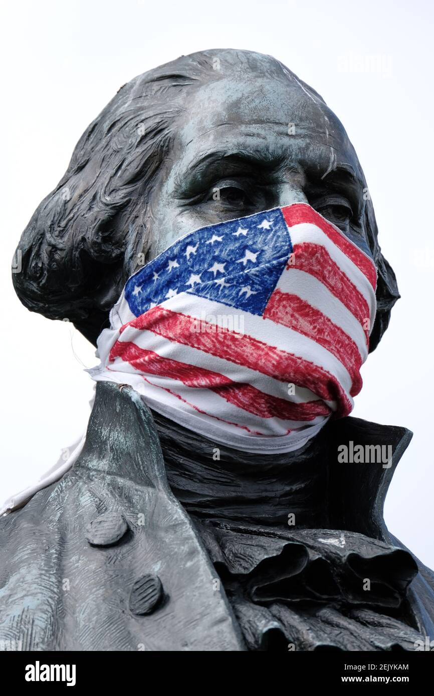 A George Washington sculpture in Portland, Ore., is pictured with an ...