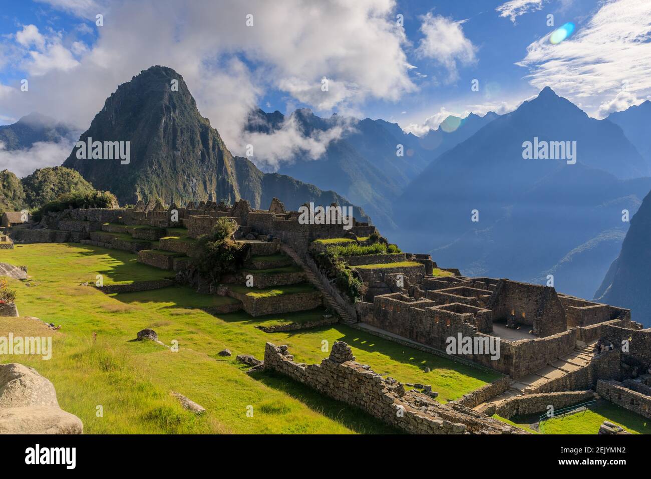 Panoramic view over Machu Picchu, the old inca city temple Stock Photo ...