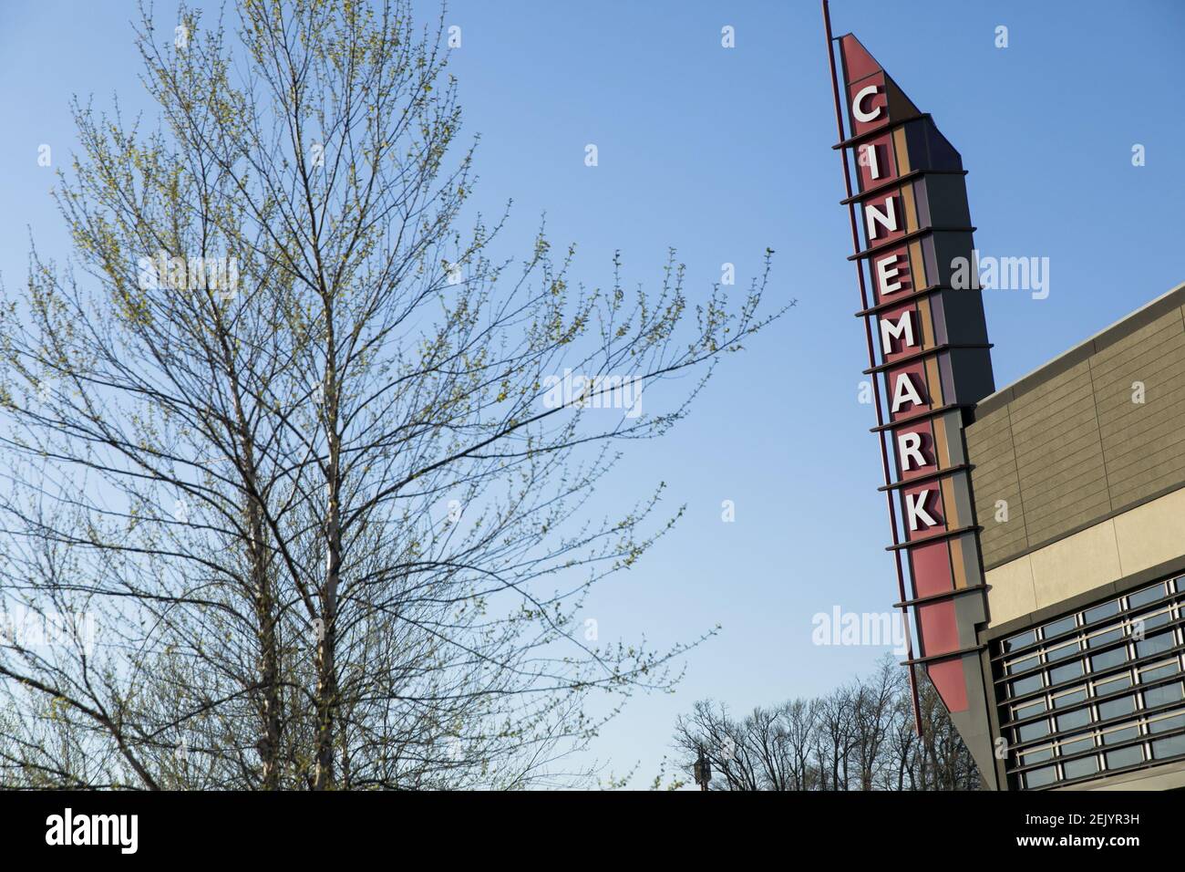 A logo sign outside of a Cinemark movie theater location in Newark ...
