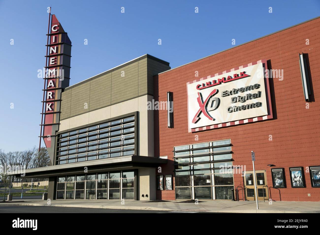 A logo sign outside of a Cinemark movie theater location in Newark ...