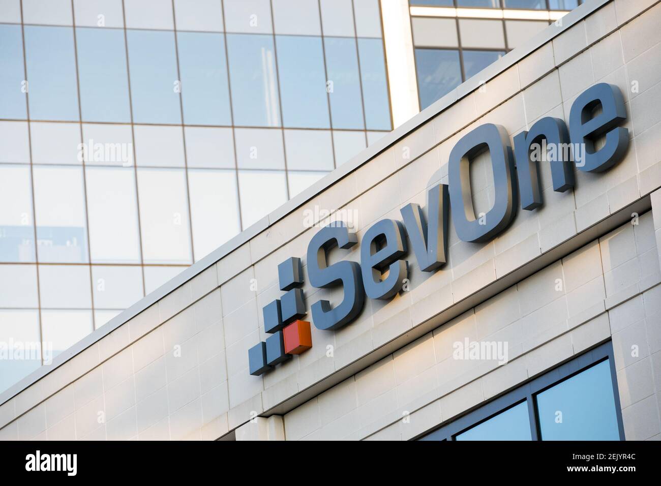 A logo sign outside of a facility occupied by SevOne in Newark, Delaware on April 11, 2020 ...