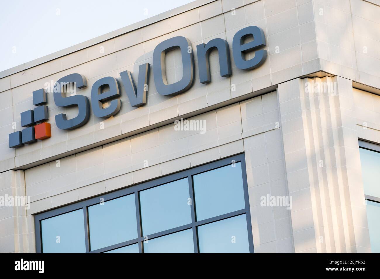 A logo sign outside of a facility occupied by SevOne in Newark ...