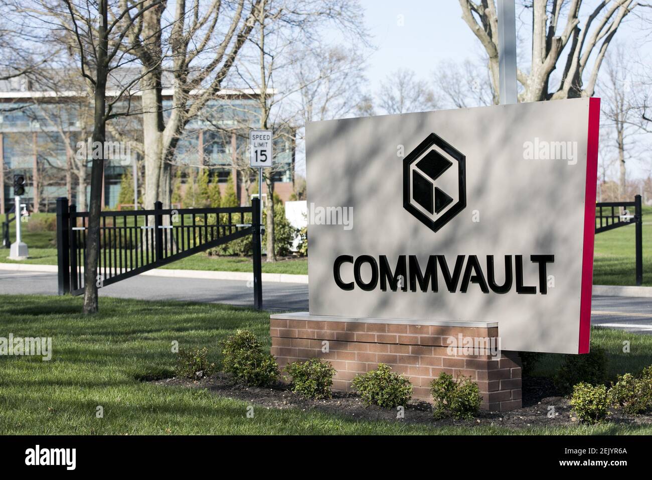 A logo sign outside of the headquarters of Commvault in Tinton Falls ...