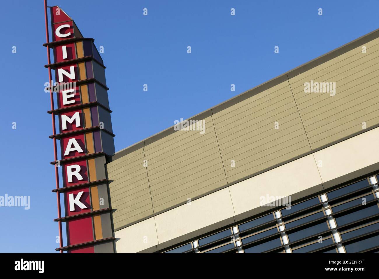 A logo sign outside of a Cinemark movie theater location in Newark ...