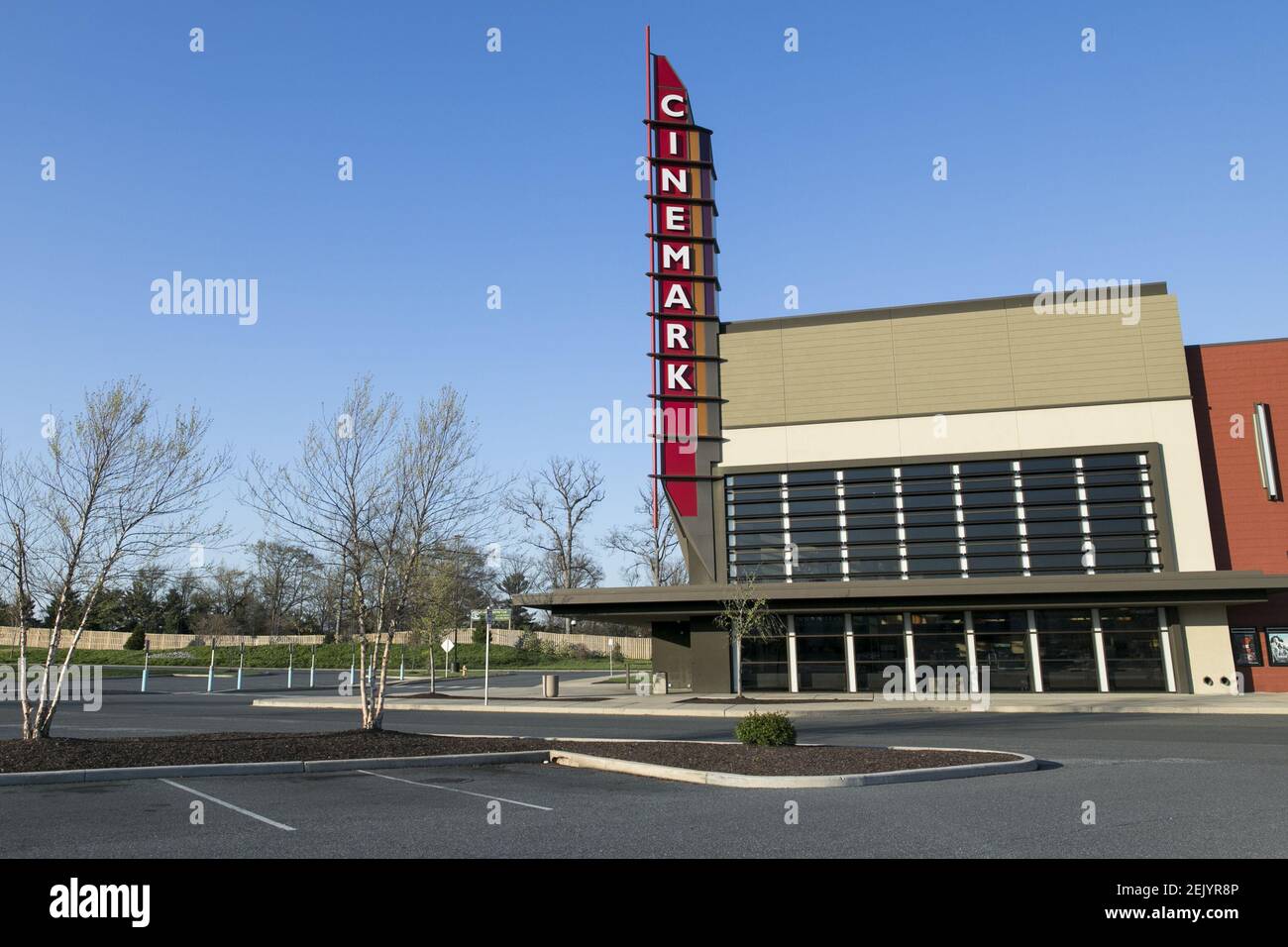 A logo sign outside of a Cinemark movie theater location in Newark ...