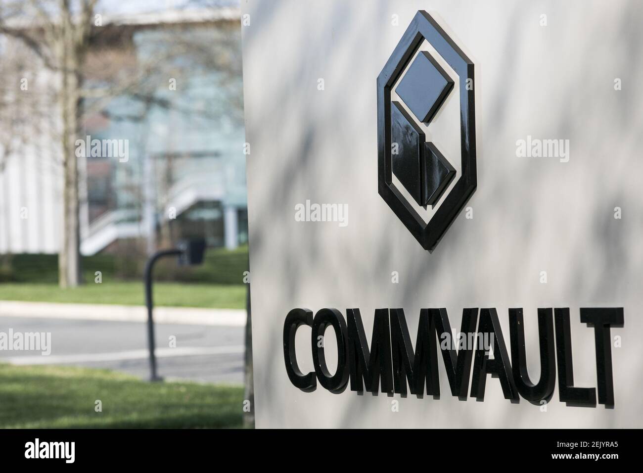 A logo sign outside of the headquarters of Commvault in Tinton Falls ...