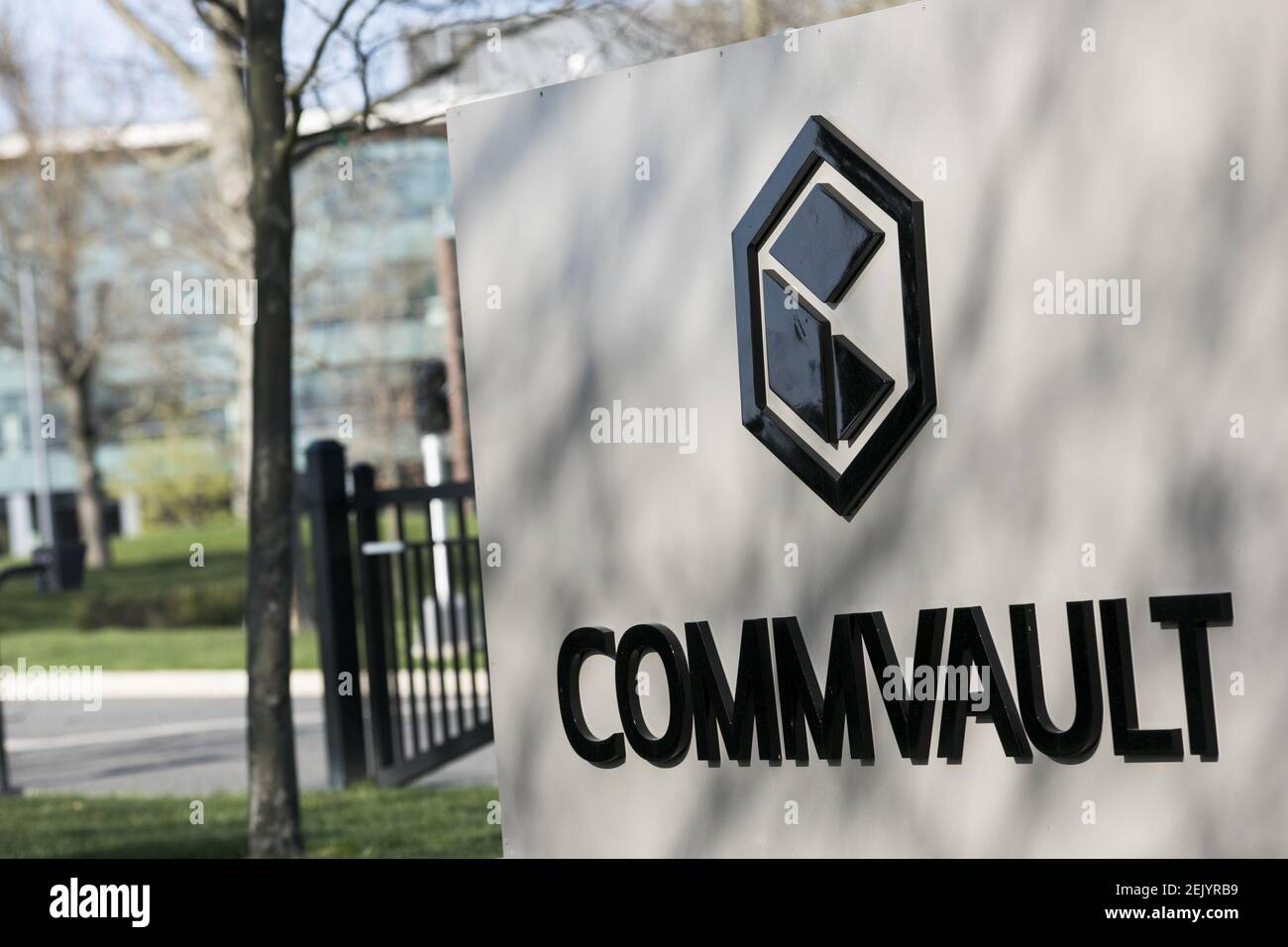 A logo sign outside of the headquarters of Commvault in Tinton Falls ...