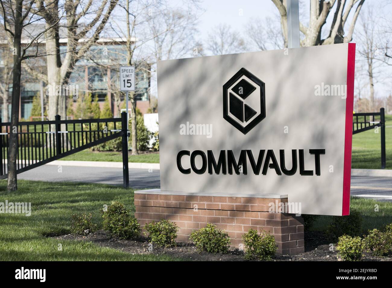A logo sign outside of the headquarters of Commvault in Tinton Falls ...