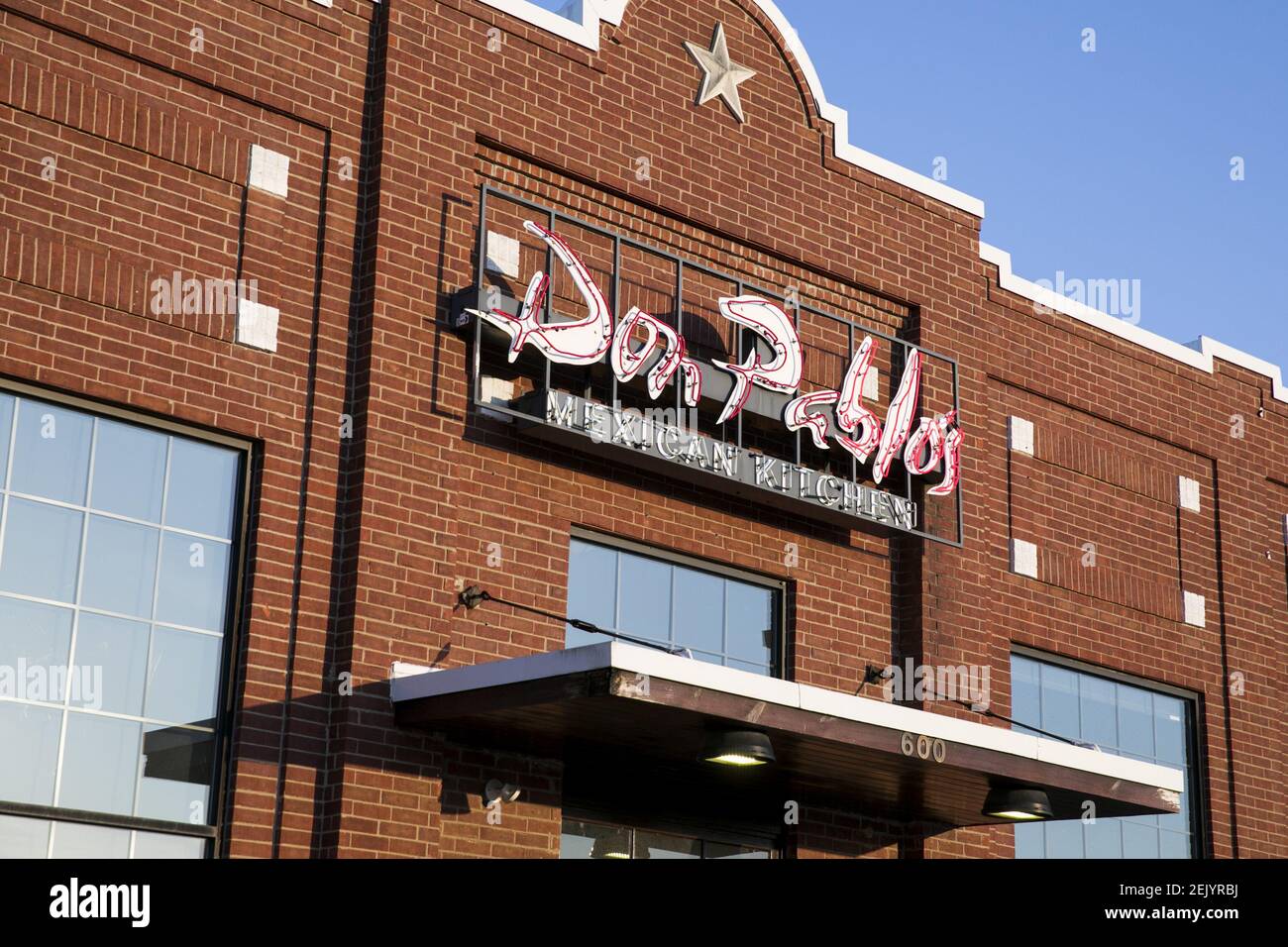 A logo sign outside of a no longer operating Don Pablo’s restaurant ...