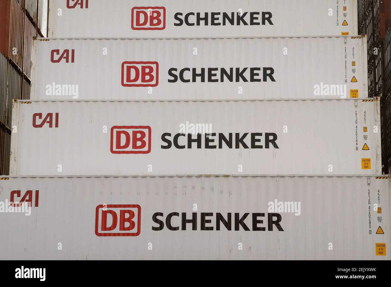 Schenker shipping containers are seen in a yard on April 13, 2020, in ...