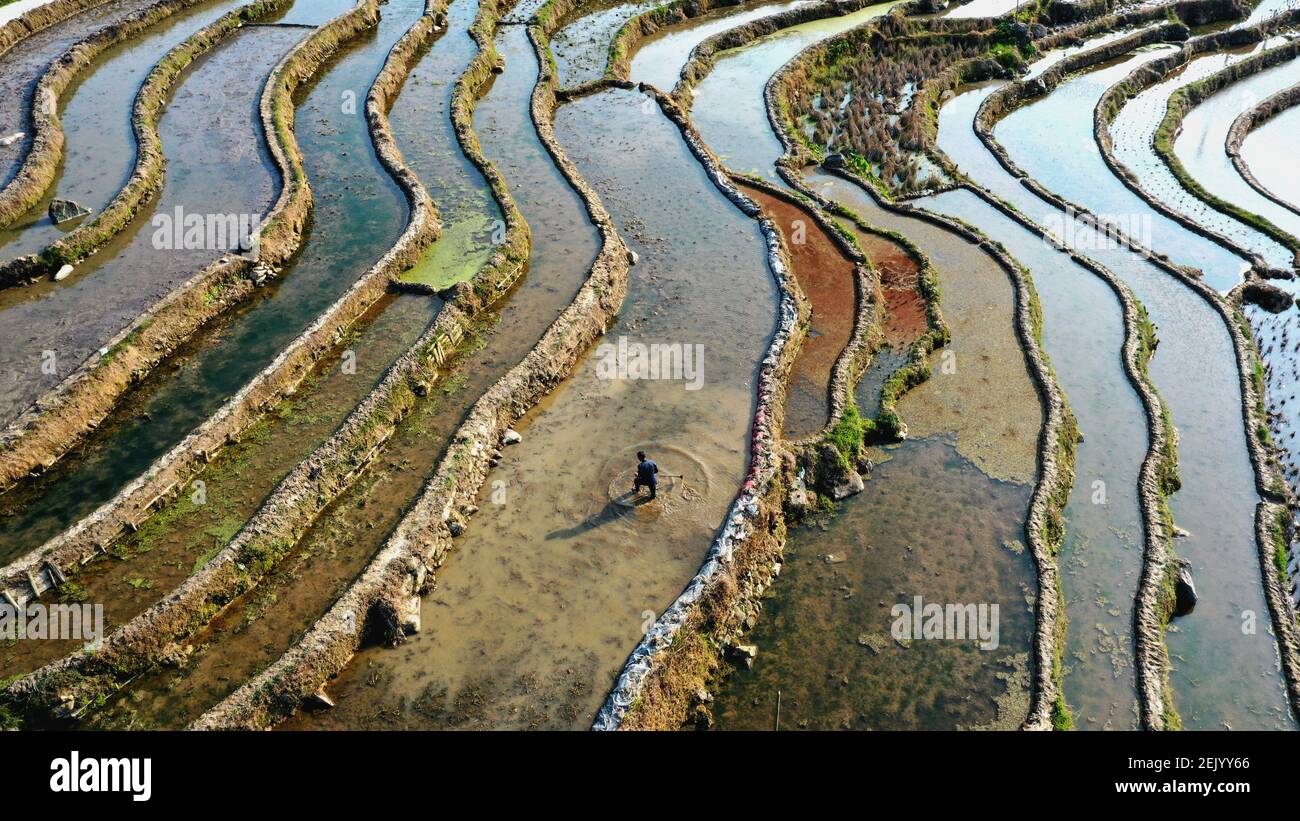 Aerial photo shows the terrace fields in Congjiang County, Qiandongnan ...