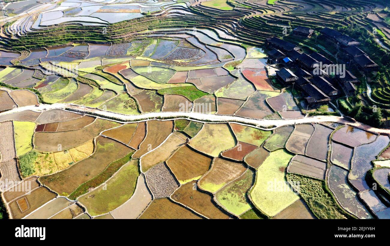 Aerial photo shows the terrace fields in Congjiang County, Qiandongnan ...