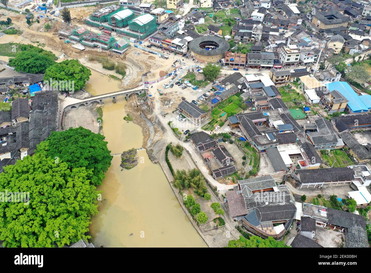 ZHANGZHOU, CHINA - APRIL 14, 2020 - Aerial photo of the ancient village ...