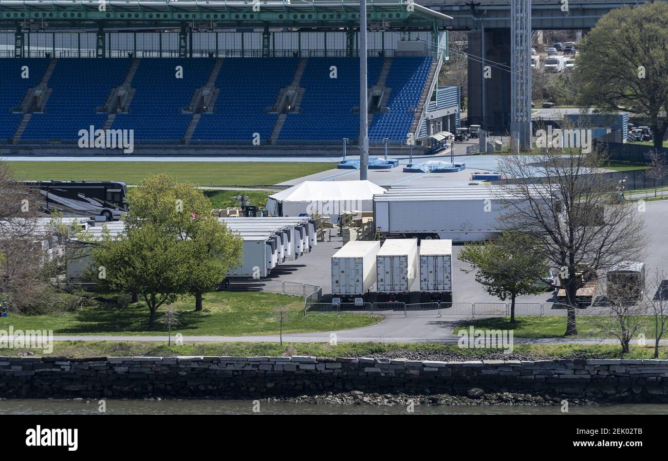 Dozens of refrigerated trucks and containers seen on Randall's Island ...