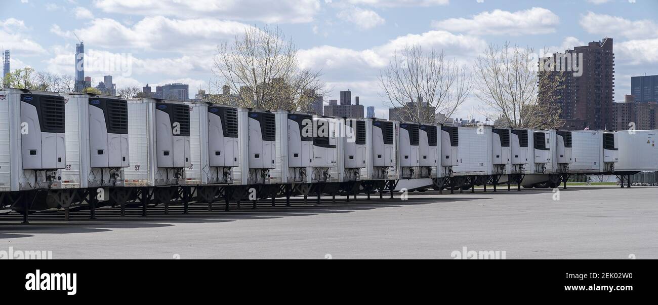 Dozens of refrigerated trucks and containers seen on Randall's Island ...