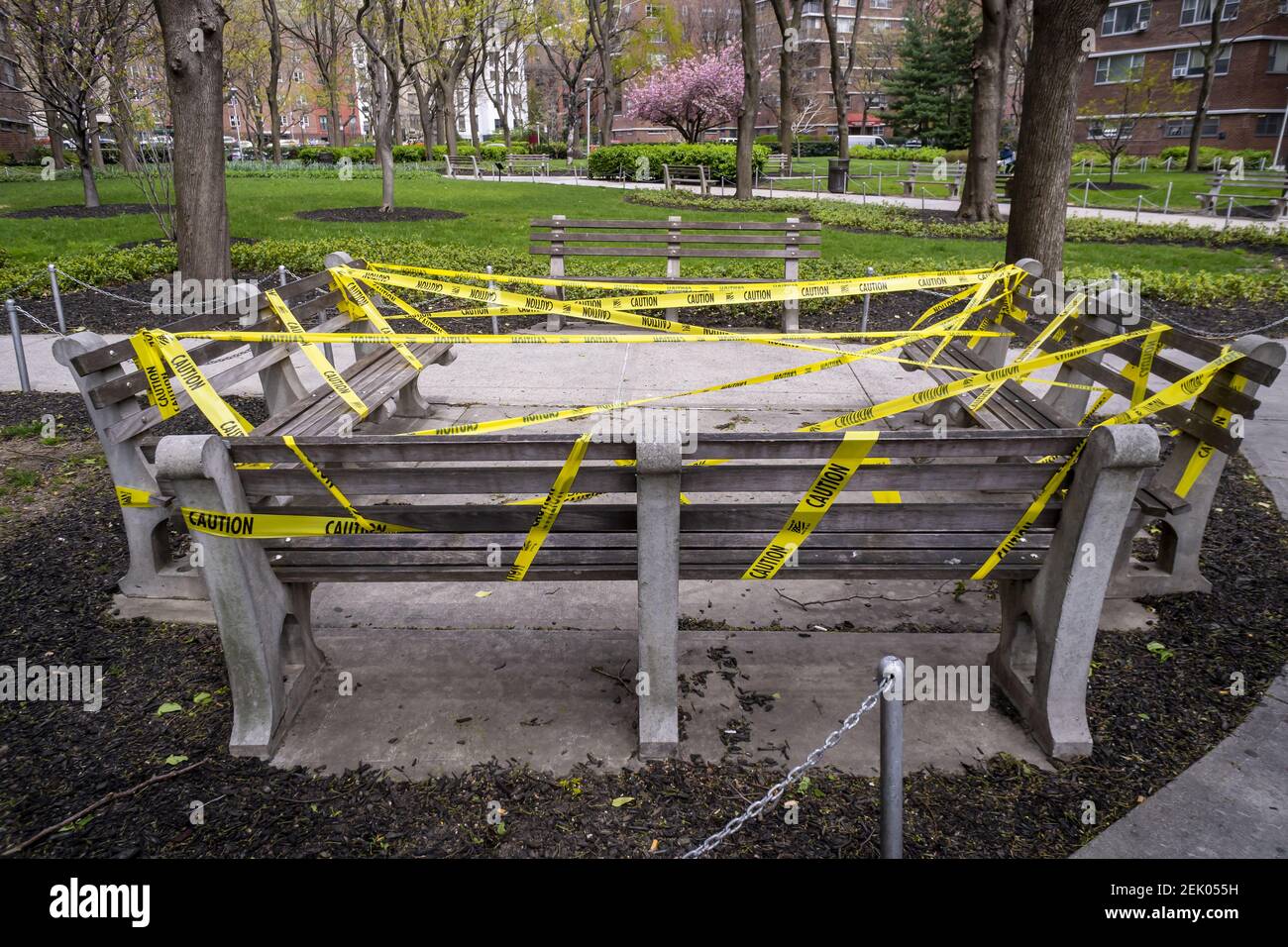 Benches in a sitting area of an apartment building complex in New York ...