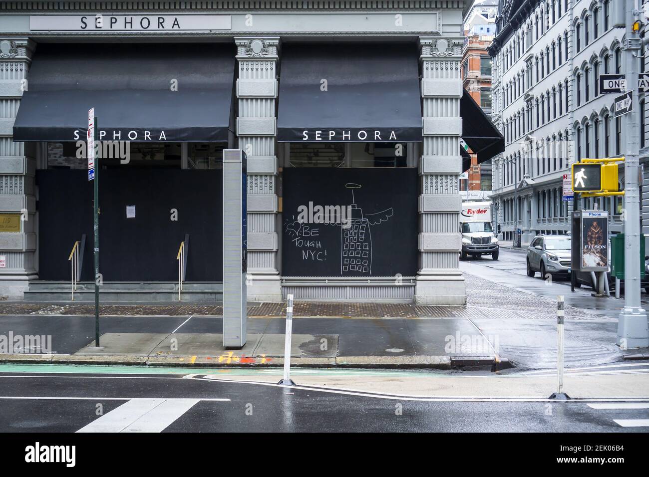 Boarded up Sephora store on empty Lower Fifth Avenue in the Flatiron ...