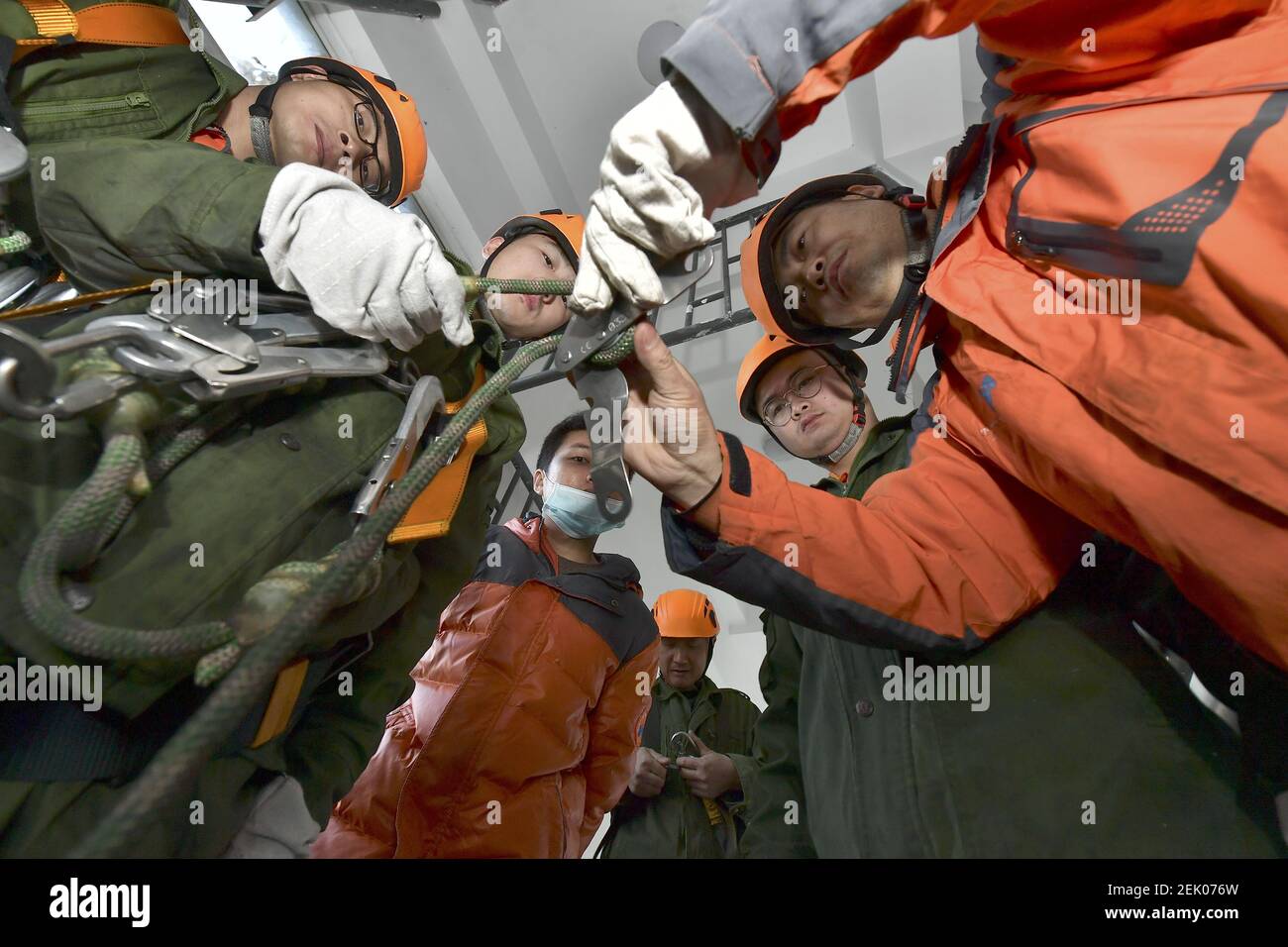 A group of rescuers participate into a drill of saving tourists trapped ...